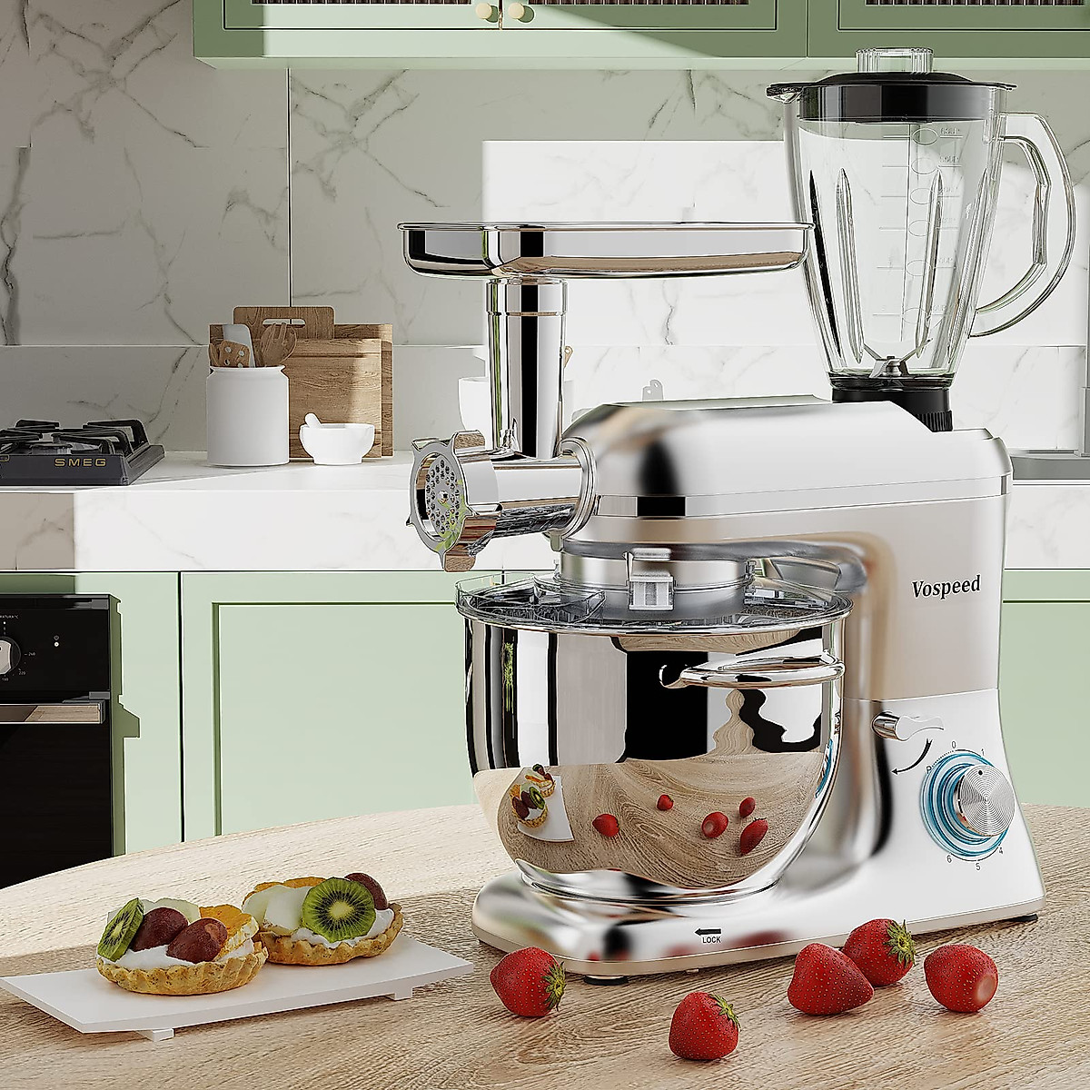 Vospeed 9 IN 1 Stand Mixer, 850W Tilt-Head Multifunctional Electric Mixer with 7.5 QT Stainless Steel Bowl, 1.5L Glass Jar, Meat Grinder, Hook, Whisk, Beater Dishwasher Safe - Silver