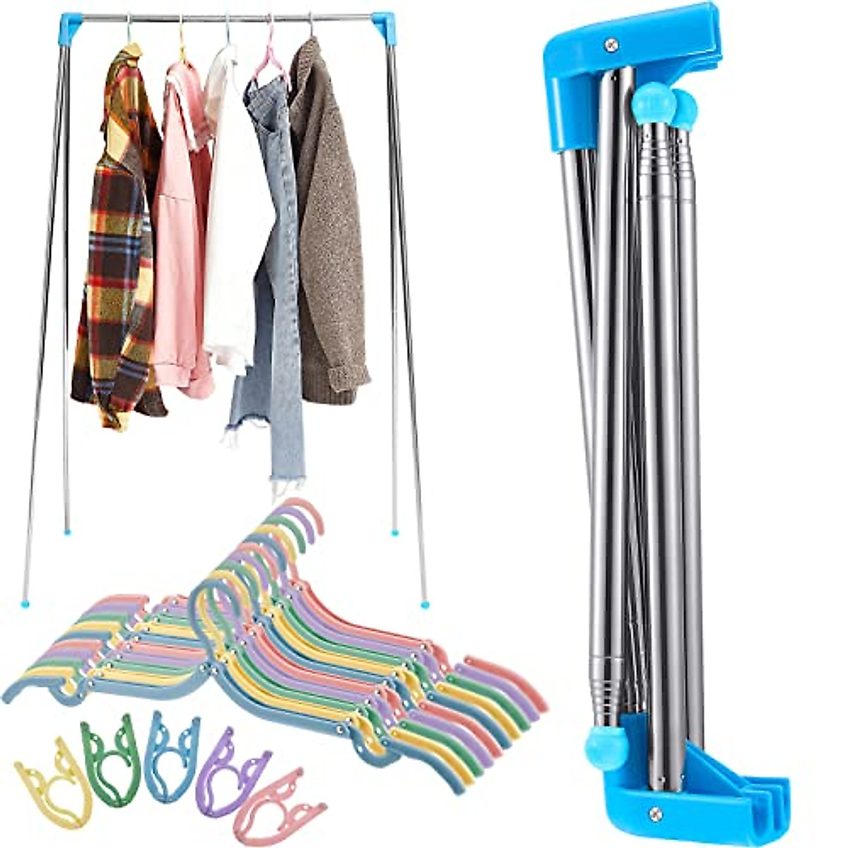 Gerrii Portable Garment Rack and 12 Small Foldable Clothes Hangers Folding Clothes Rack Travel Collapsible Clothing Rack for Indoor Outdoor Drying Laundry Dance Costume Bag Suitcase Camping (Blue)