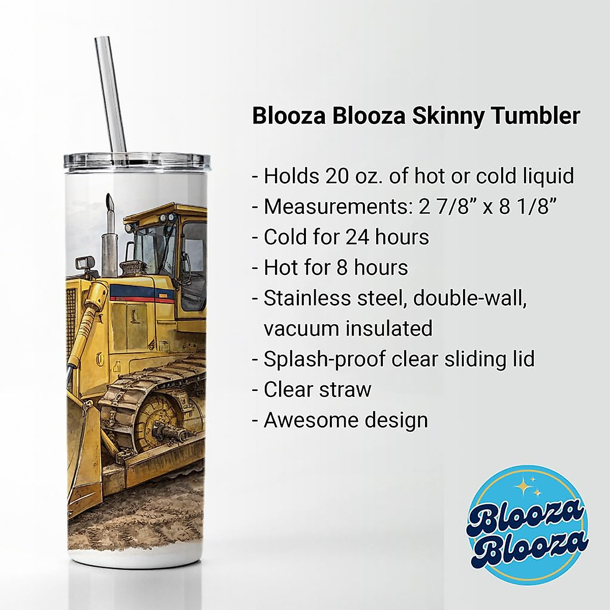 Yellow Bulldozer Construction Equipment Skinny Tumbler 20oz with Straw Insulated Water Bottle Gift