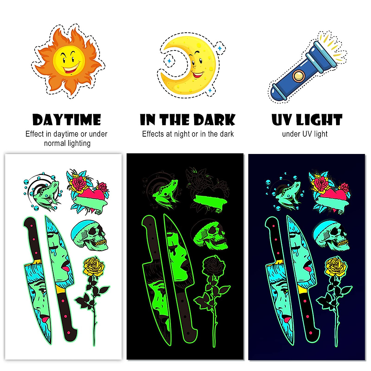 Glow in the Dark Tattoos, ACSAUMMY 12 Sheet Neon Tattoos Makeup Fake Tattoos Rave Festival Accessory UV Temporary Tattoos for Women Men Face Arm Body Blacklight Butterfly Tattoos Adult Party Supplies