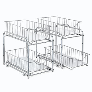 MOOACE 2 Pack Stackable 2-Tier Under Sink Cabinet Organizer with Sliding Storage Drawer, Sliding Basket Organizer for Kitchen, Bathroom, Pantry, Cabinet, Silver