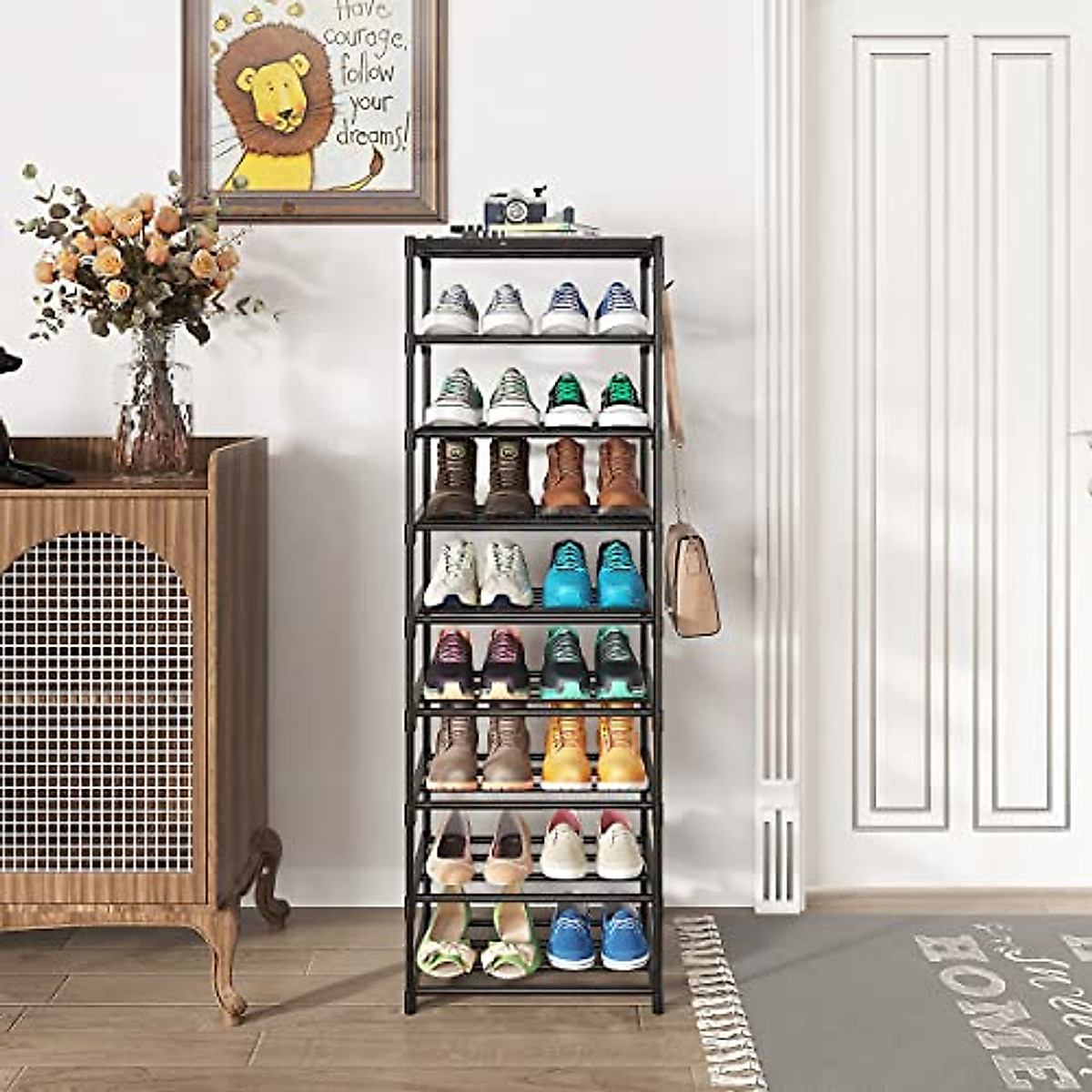 Caitlyn Small 9 Tier Tall Narrow Shoe Rack for Entryway, Vertical Free Standing Shoe Rack Organizer, Space-Saving, Sturdy Metal Shoe Shelf