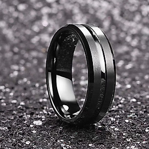 King Will Classic 8mm Black Tungsten Carbide Wedding Band Ring Polished Finish Grooved Center Comfort Fit (10.5)