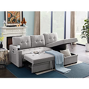 FANYE Linen Upholstery Tufted Sofa&Couch,L-Shaped Corner Reversible Sleeper Sectional Sofa Couch Sofabed w/Storage Chaise,Cupholders, USB Charging Port and Pockets for Living Room Furniture Set