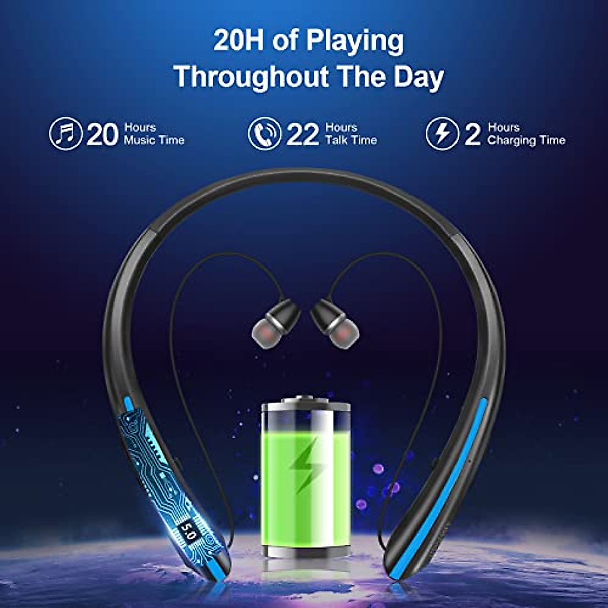 APPINESSEY Bluetooth Headphones Retractable, Neckband Headset with Sports Sweatproof/Waterproof, Noise Cancelling and Stereo Quality Sound Earbuds with Mic for Driving, Workout, Running (Black Blue)