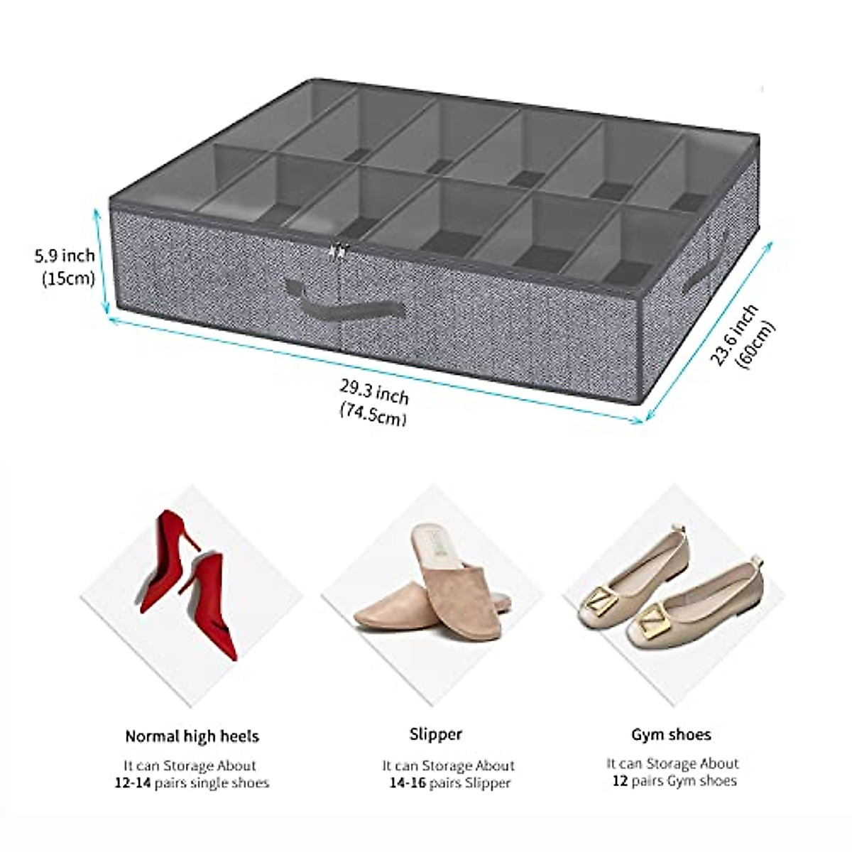 Onlyeasy Large Under Bed Shoe Storage Organizer with Strong Zippers & Handles Set of 2, Fit Total 24 Pairs, Underbed Organizers for Kids & Adults, 29.3"x23.6"x5.9", Herringbone Grey, 9MNRUBSB2P