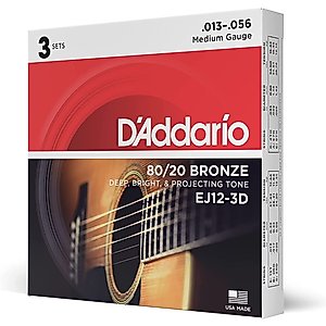 D'Addario EJ12-3D Acoustic Strings 80/20 Bronze 13-56 Medium 3-Pack