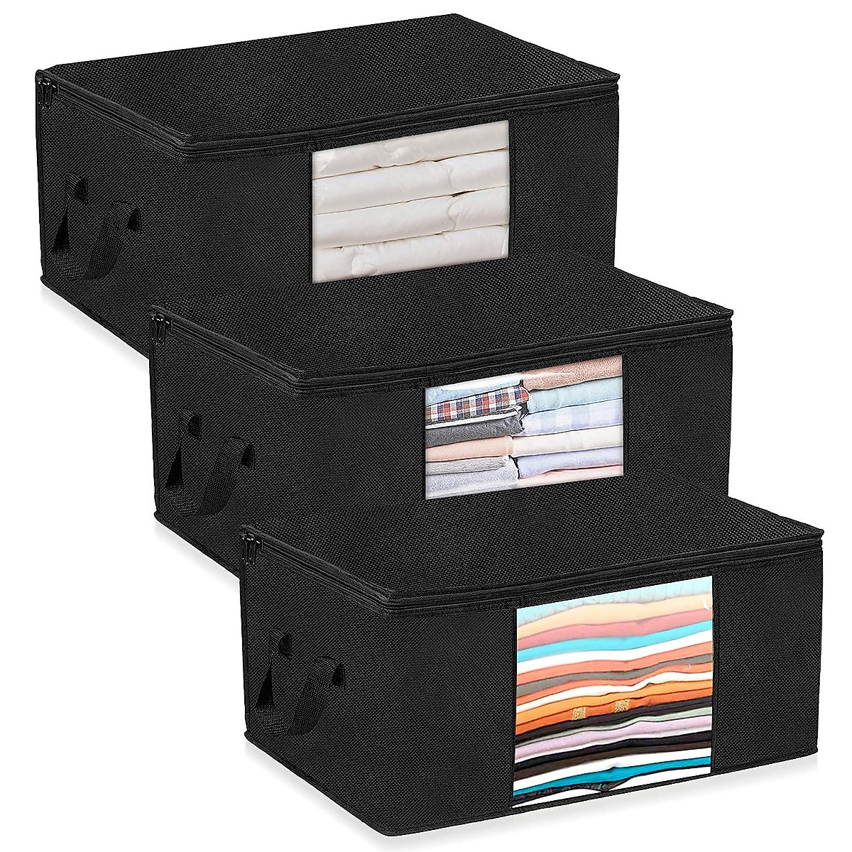 Txtsegose 3 Pack Clothes Storage Bag,Large Capacity Organizer with Reinforced Handle Thick Fabric for Comforters, Blankets, Bedding, Foldable with Sturdy Zipper, Clear Window, Black