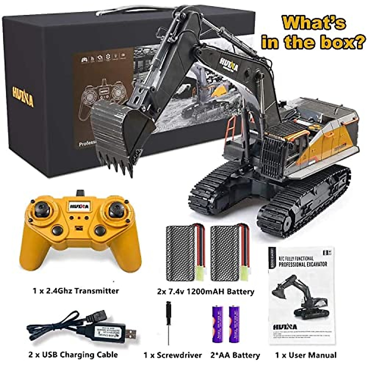 BNAM Remote Control Excavator Toy 1/14 Scale RC Excavator, 22 Channel Upgrade Full Functional Construction Vehicles Rechargeable RC Truck with Metal Shovel and Lights Sounds Best for Kids 3-15