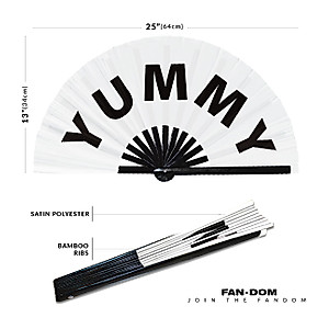 Yummy hand fan foldable bamboo circuit hand fan funny gag slang words expressions statement gifts Festival accessories Rave handheld Circuit event fan Clack fans (White)