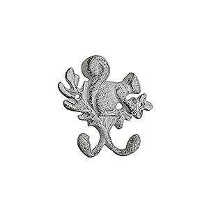 HANDCRAFTED NAUTICAL DÉCOR Whitewashed Cast Iron Squirrel with Acorn Decorative Double Metal Wall Hooks 8"