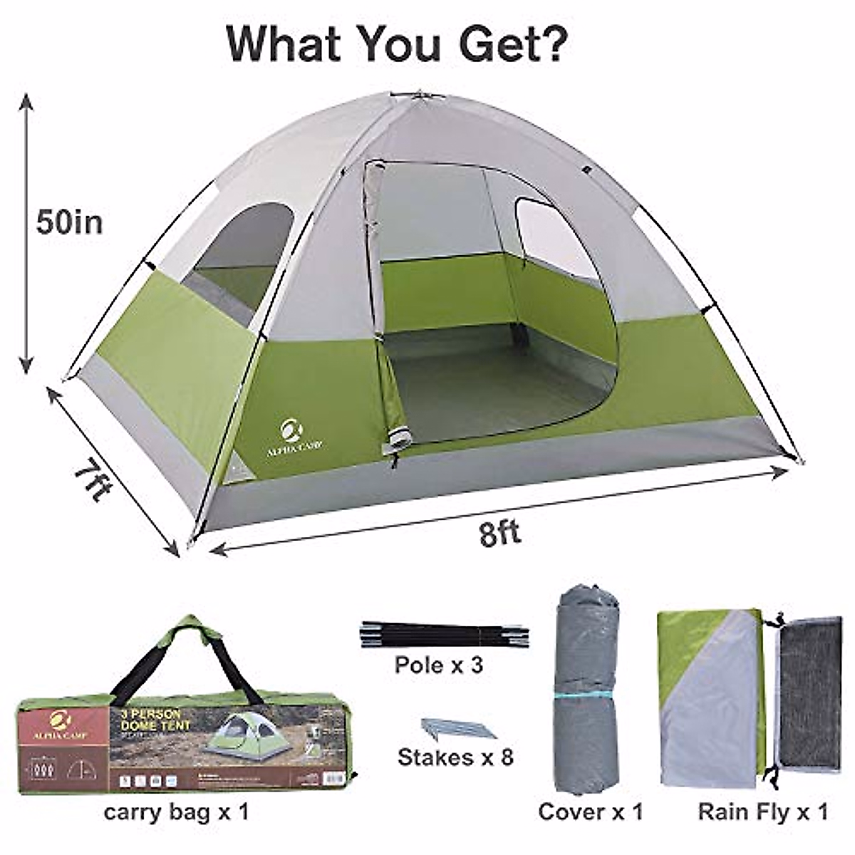 ALPHA CAMP 3/4 Person Camping Dome Tent with Carry Bag, Lightweight Waterproof Portable Backpacking Tent for Outdoor Camping/Hiking - 7' x 8' Green