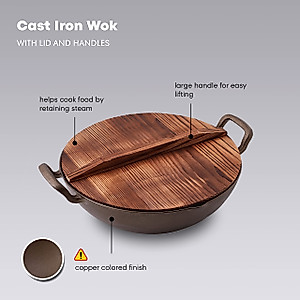 Klee Pre-Seasoned Cast Iron Wok Pan with Wood Wok Lid and Handles - 14" Large Wok Pan with Flat Base and Non-Stick Surface for Deep Frying, Stir-Frying, Grilling, Steaming - Stovetop and Oven Safe