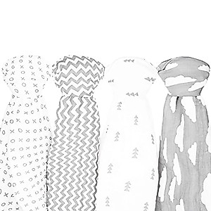 Muslin Swaddle Blankets – Soft Pure Cotton Muslin Blankets – 4 Pack of Breathable Swaddle Blankets – Unisex Baby Swaddle Blanket Set in Grey/White Designs – Multi Use Muslin Blankets – 47 x 47 inches