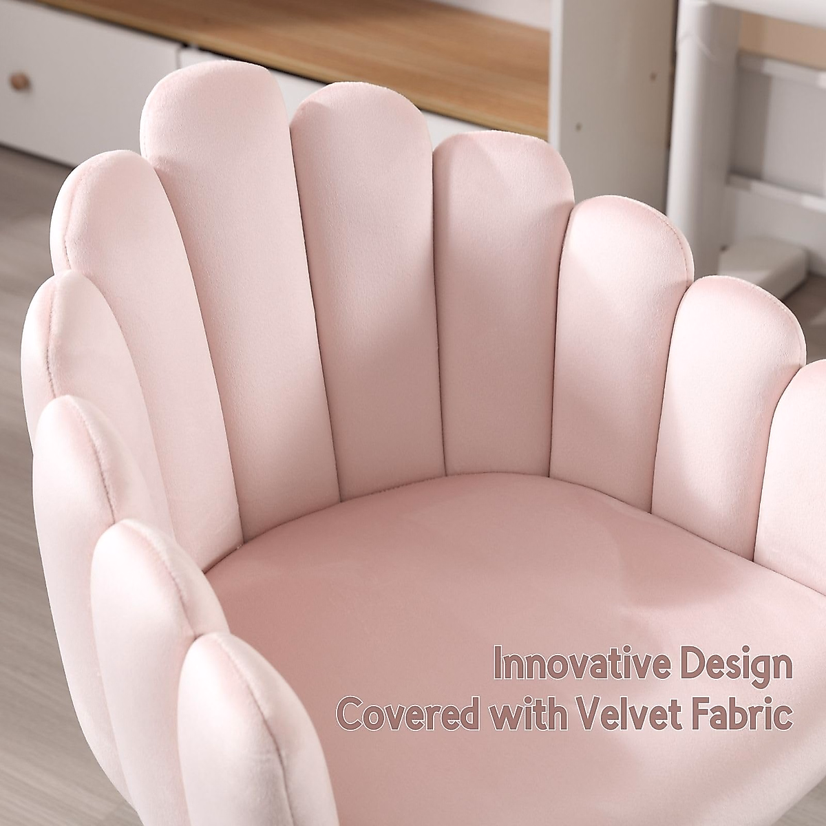 LukeAlon Kids Cute Swivel Desk Chair, Velvet Child Study Chair with Rolling Wheels and Arms, Comfy Upholstered Height Adjustable Teen Vanity Chair for Home Bedroom School, Pink