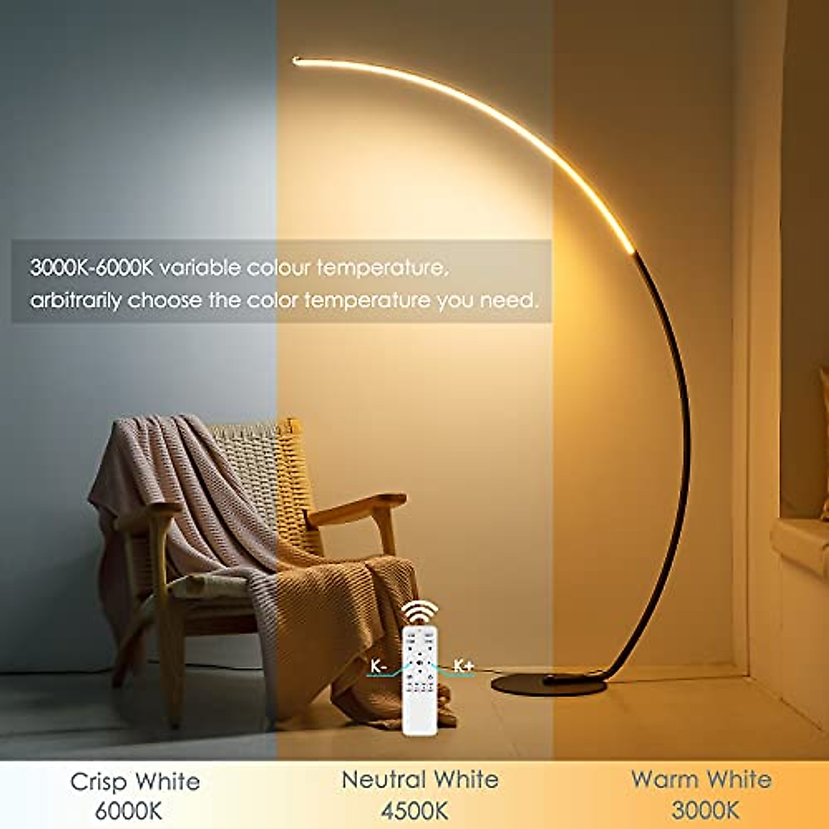 Arc Floor Lamp, 67" Tall Black LED Modern Standing Floor Lamp with Remote Control, 3 Color Temperature & Stepless Dimmable Brightness, Arched Bright Floor Lamp for living Room, Bedroom, office, home
