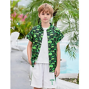 uideazone 5 Years Dinosaur Green Boys 3D Printed Holiday Button Down Shirt Novelty Tropical Themed Hawaiian Tops Clothes for Boys 5-6T