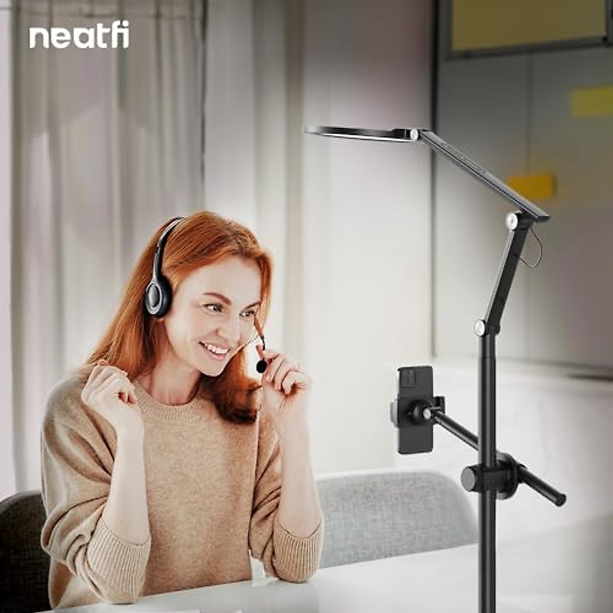 Neatfi Multi-Functional Desk Lamp, Dimmable, 3 Light Modes, 5 Brightness Levels, Zoom/Webcam Light, Touch Controls, USB/Plug Powered, Adjustable Arm (with Phone Holder and Clamp)