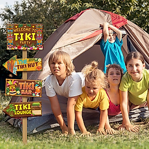 Colarr 20 Pieces Tiki Totem Birthday Party Decorations Hawaiian Luau Party Directional Sign for Aloha Hawaii Luau Tropical Party Supplies, 10 Styles