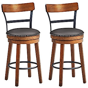 COSTWAY Bar Stools Set of 2, 360-Degree Swivel Stools with Leather Padded Seat, Single Slat Ladder Back & Solid Rubber Wood Legs, Counter Height Stools for Pub, Restaurant, Kitchen, Brown (2, 25.5)