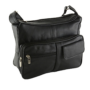 Women's Leather Organizer Purse Shoulder Bag Multiple Pockets Cross Body Handbag (Black) Regular