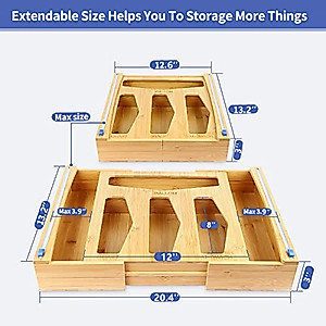 Ziplock Bag Storage Organizer Bamboo - Expandable Foil and Plastic Wrap Dispenser Organizer with Cutter, Plastic Bag Baggie Organizer for Drawer Kitchen, Suitable Gallon, Quart, Sandwich, Snack Bag, and 12.5" Aluminum Foil & Wax Paper (Large)