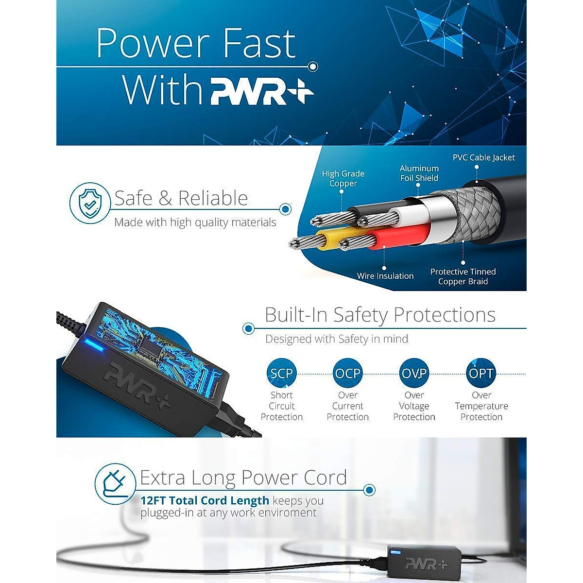 Pwr UL Listed 70W AC Adapter for Panasonic Toughpad FZ-G1 FZ-E1 FZ-X1 FZ-Q1 FZ-Q2 FZ-A2 FZ-B2 CF-U1 CF-W8 CF-T8 Toughbook CF-AA5713AM CF-AA6373AM CF-AA6413CM 4K Tablet Charger Laptop 12 Ft Power Cord