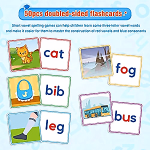 Learning Toys for 3 4 5 Years Old Kids - 116Pcs Short Vowel Letters Sorting Spelling Reading Toy Set with Double-Sided Flash Cards, Preschool Kindergarten Learning Activities Toy for Boys Girls
