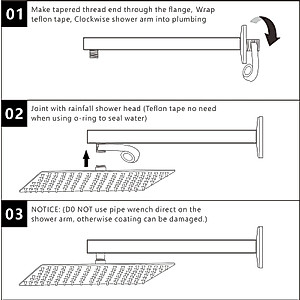 Voolan 20“ Square Shower Arm with Flange and Teflon Tape, Extension Shower Head Arm for Bathroom Fixed Shower Head, Solid Stainless Steel, Wall Mounted (Black)