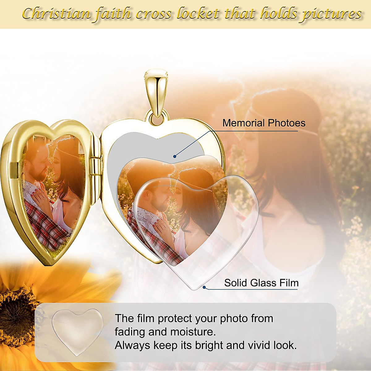 SOULMEET 10k 14k 18k Solid Yellow Gold Christians Cross Heart Locket Necklace That Holds 2 Pictures Personalized Letters Engraved Custom Image Locket Gift for Her (Custom photo & text)