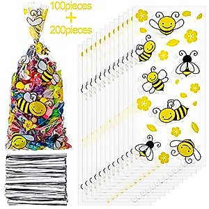 100 Pieces Honey Bee Cellophane Plastic Candy Bags Bee Party Bags Treat Bags with 200 Pieces Twist Ties Bee Gift Bags for What Will it Be Gender Reveal Party Supplies