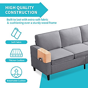 CECER 78" Convertible Sectional Sofa, L-Shaped Couch with Storage Ottoman, Modern Linen Fabric 3-seat Couche with Movable Ottoman, Chasie Lounge for Apartment/Living Room (Light Grey)