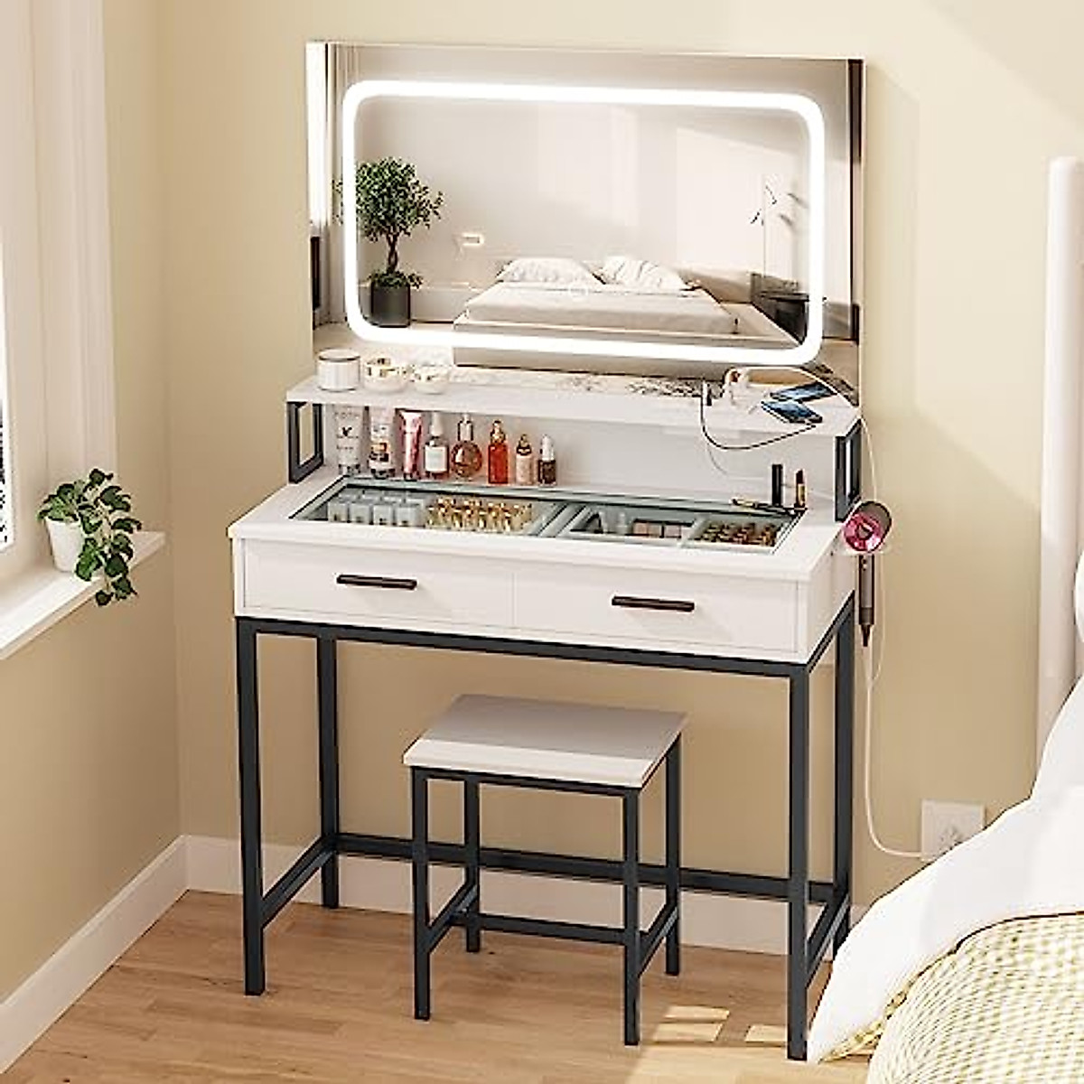 Fameill White Vanity Desk with Lights,Glass Top Makeup Vanity Table with Power Strip,Large Mirror Dressing Table Set with 2 Drawers and Hair Dryer Stand,35.4in(L)