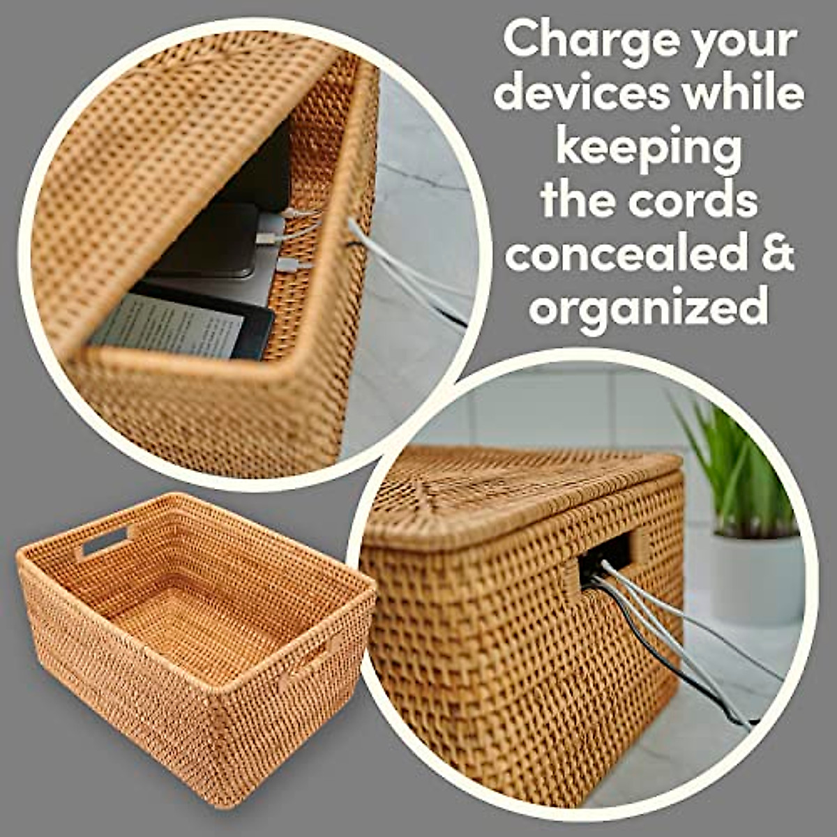 ONBIM Rectangular Rattan Storage Basket - 18"L x 13"W x 12"H Large Wicker Basket with Lid and Handles, Rattan Basket with Lid, Handwoven Fern Wicker Basket, Sturdy and Lightweight Rattan Decor