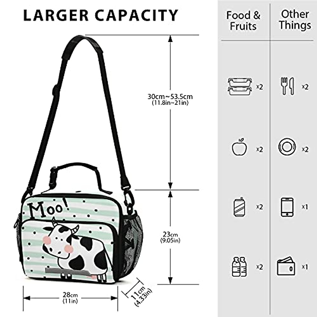 Moo Cow Lunch Box, Lunch Bag with Adjustable Shoulder Strap Insulated Tote Bag Picnic Box Lunch Bag for School Teens Snacks Insulated Cooler Tote