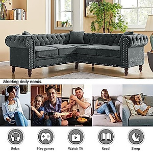 LSKTGA Velvet Convertible Sectional Sofa, Classic Chesterfield L-Shaped Sofa, with Deep Button Tufted Upholstered Roll Arm, 3 Pillows Included, Solid Wood Gourd Legs, Grey