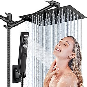 Shower Head Combo,10 Inch High Pressure Rain Shower Head with 11 Inch Adjustable Extension Arm and 3 Settings Handheld,Powerful Shower Spray Against Low Pressure Water with Long Hose