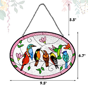 Huray Rayho Birds On A Branch Stained Glass Ornament, 9.5''x6.7'' Cardinal Hummingbird Suncatcher Hand-Painted Double Side Glass Panel Window Hanging Decor Bird Lover Gift for Mom, Grandma, Teacher