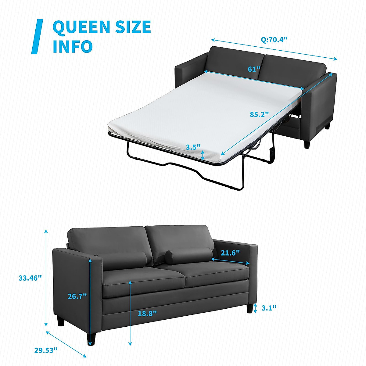 Mjkone Faux Leather Pull Out Sofa Bed, Queen Size Convertible Sleeper Sofa, 2-in-1 Modern Loveseat Couch Bed with Memory Form Mattress for Living Room, Office and Apartment, Grey