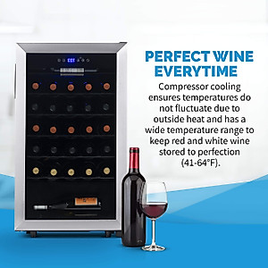 NewAir Compressor Wine Cooler Refrigerator in Stainless Steel | 33 Bottle Capacity | Freestanding or Built-In Fridge | UV Protected Glass Door with Digital Thermostat NWC033SS01