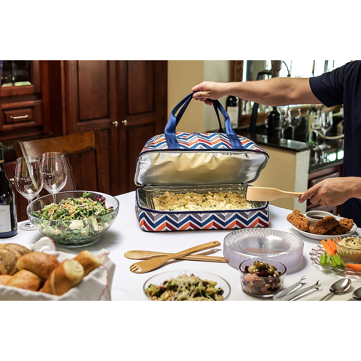 ONIVA - a Picnic Time brand Potluck Casserole Carrier, Insulated Thermal Food Carrier, Insulated Casserole Carrier, Navy Blue, Orange, & Gray Pattern