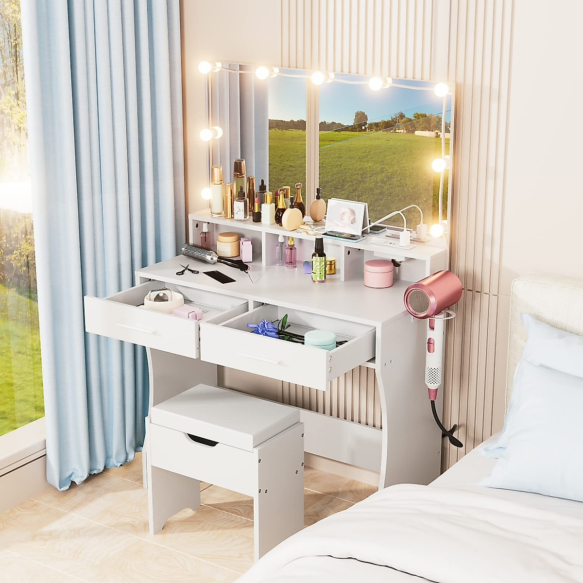 Vabches Makeup Vanity with Lighted Mirror & Outlet Charging Station, White Vanity Set Makeup Table, 3 Lighting Colors, Brightness Adjustable, 31.5in(W)
