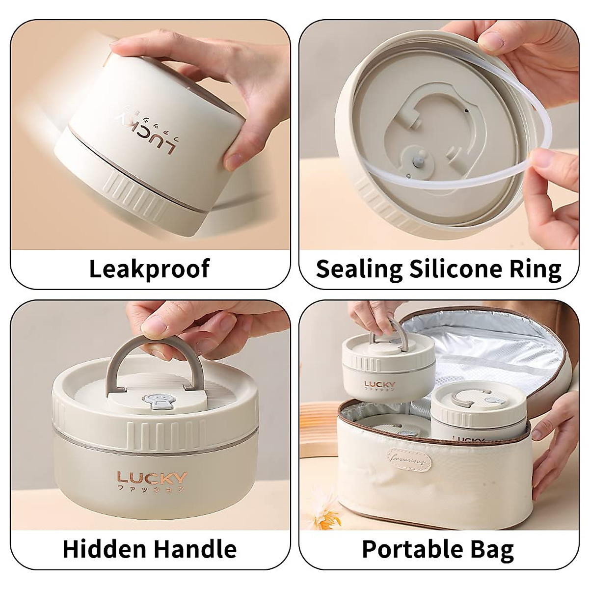 YBOBK HOME Thermal Bento Box Aldult Lunch Box, Portable Insulated Lunch Container For Work Picnic, Keep Warm Stainless Steel Food Container With Bag, Induction Cooker & Microwave Safe (Beige 68oz)