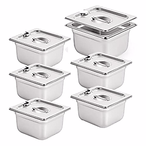 OWLEEN 6 Pack Anti-Jam Slotted Hotel Pans with Lids, 1/6 Size 4 Inch Deep, Commercial 18/8 Stainless Steel Table Food Pan