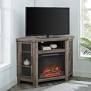 Walker Edison Alcott Classic Glass Door Fireplace Corner TV Stand for TVs up to 55 Inches, 48 Inch, Grey Wash