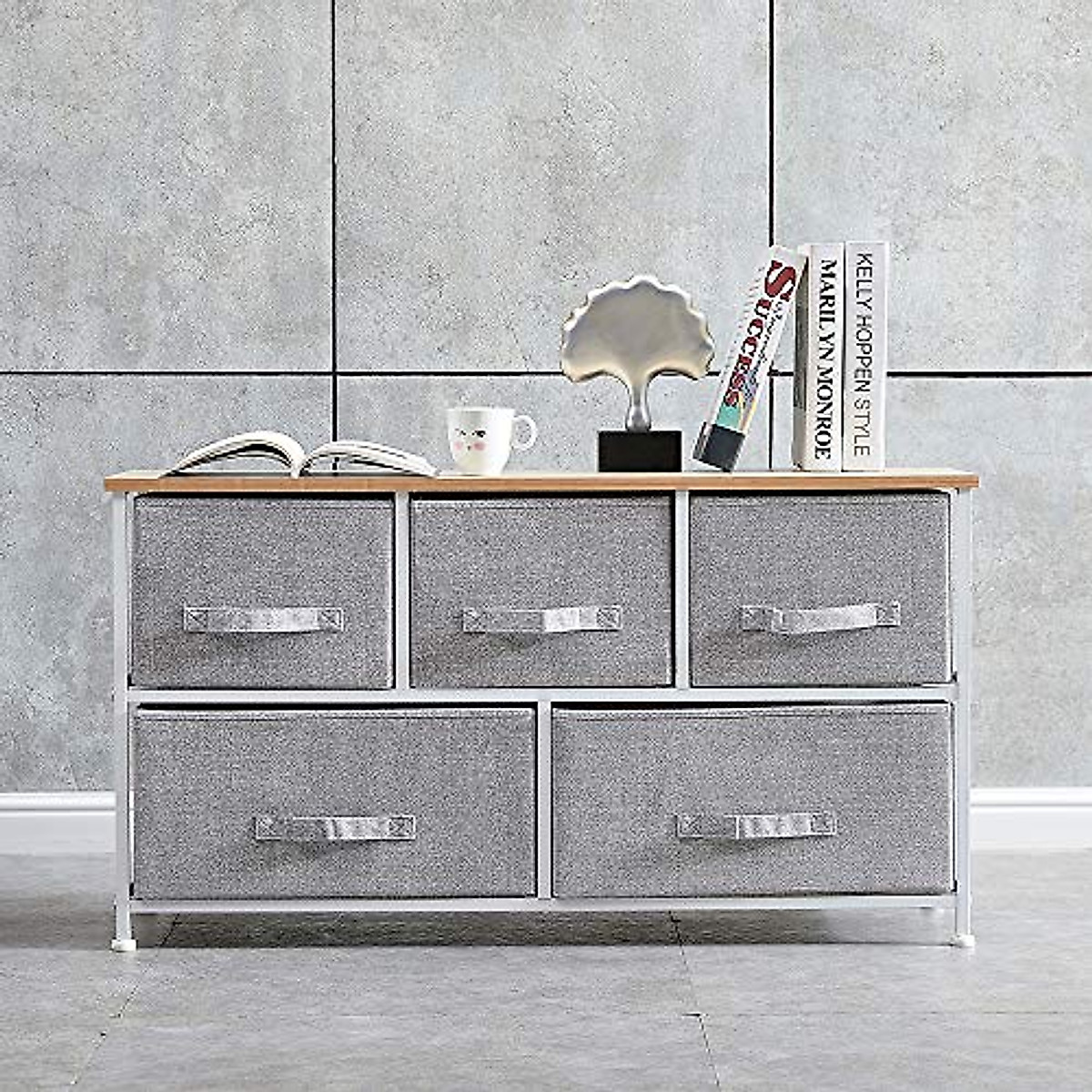 4HOMART Drawer Dresser Closet with 5 Easy Pull Fabric Drawers Organizer Unit Storage with Sturdy Steel Frame Wood Top for Bedroom Hallway Entryway Use