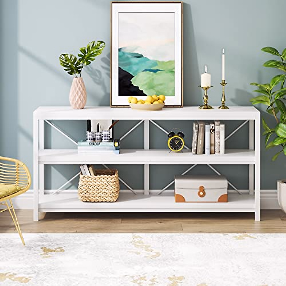 LITTLE TREE 55 Inch Long Sofa Console Table with Storage Shelves, 3 Tiers TV Stand for Living Room