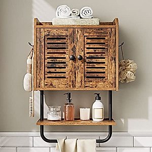 HOOBRO Medicine Cabinet, Double Doors Bathroom Wall Cabinet with Towel Bar, Adjustable Shelf, 2 Hooks, Over The Toilet Storage Cabinet, for Bedroom, Kitchen, Rustic Brown BF46CW01