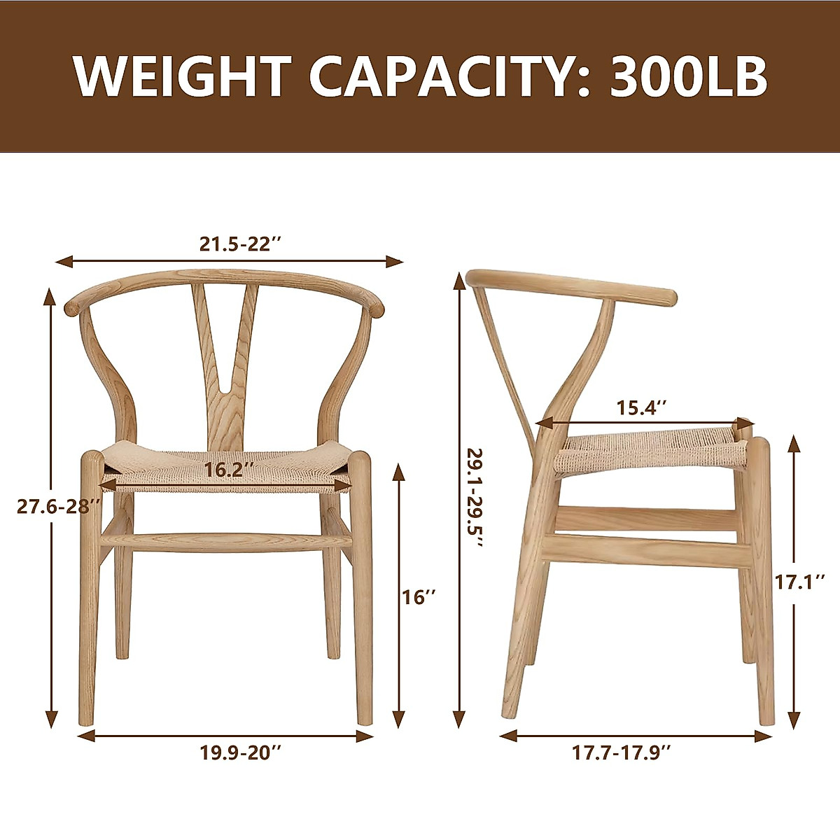 VODUR Wishbone Chair Natural Solid Wood Dining Chair/Hans Wegner Y Chair Rattan and Wood Accent Armrest Chairs - Ash Wood Chairs Set of 2 (Ash Wood + Natural)