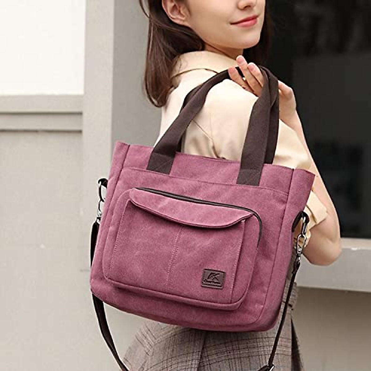 SUKUTU Ladies Canvas Tote Handbags Multi Pockets Satchel Large Capacity Stylish Top Handle Shoulder Bag